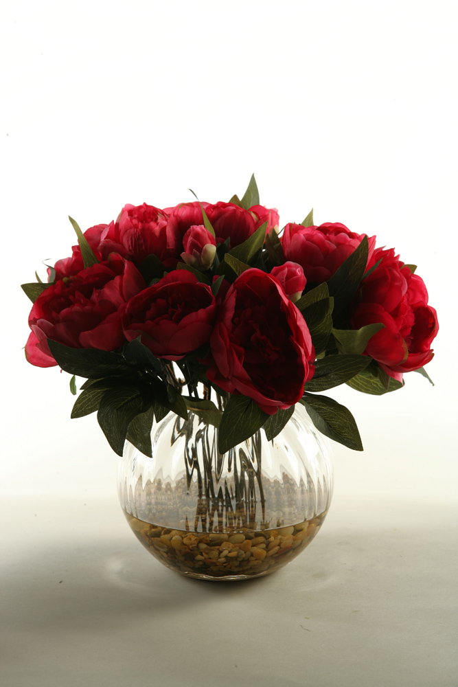 Burgundy peonies in glass ball - D&W Silks