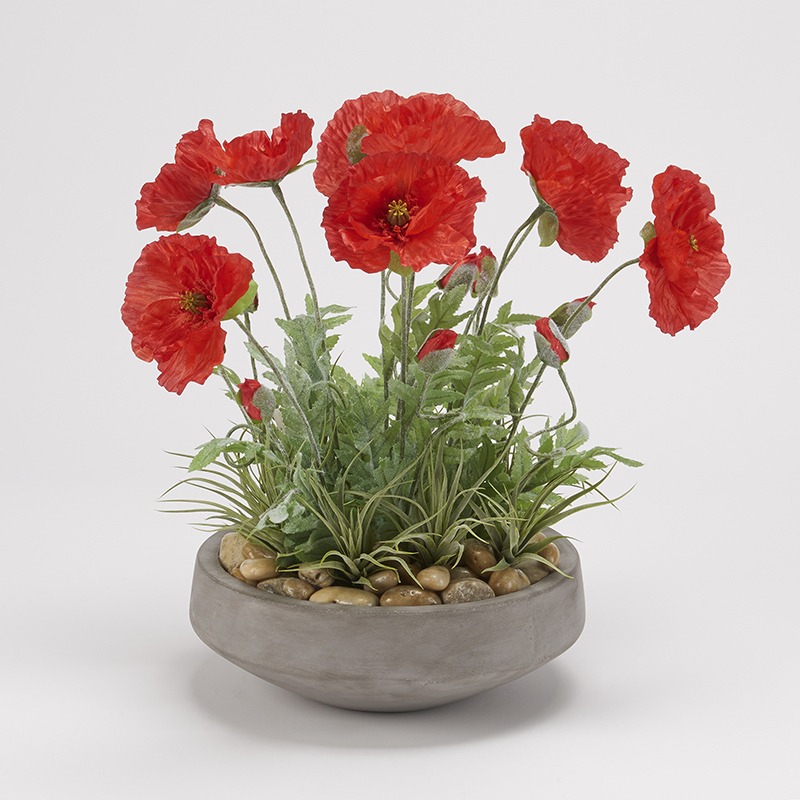 Red Poppies in Round Cement Bowl - D&W Silks