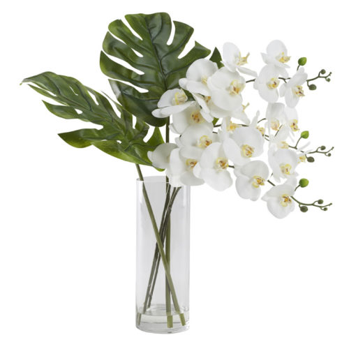 White Orchids with Split Leaf Philo in Fleur Vase – 212235|D&W Silks