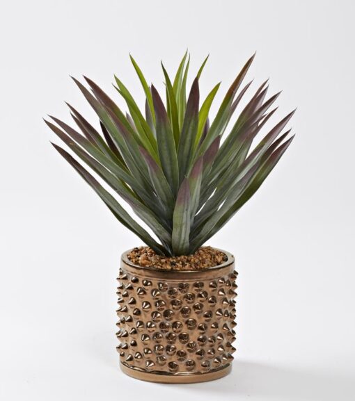 Agave Plant In Gold Spiked Planter - D&W Silks
