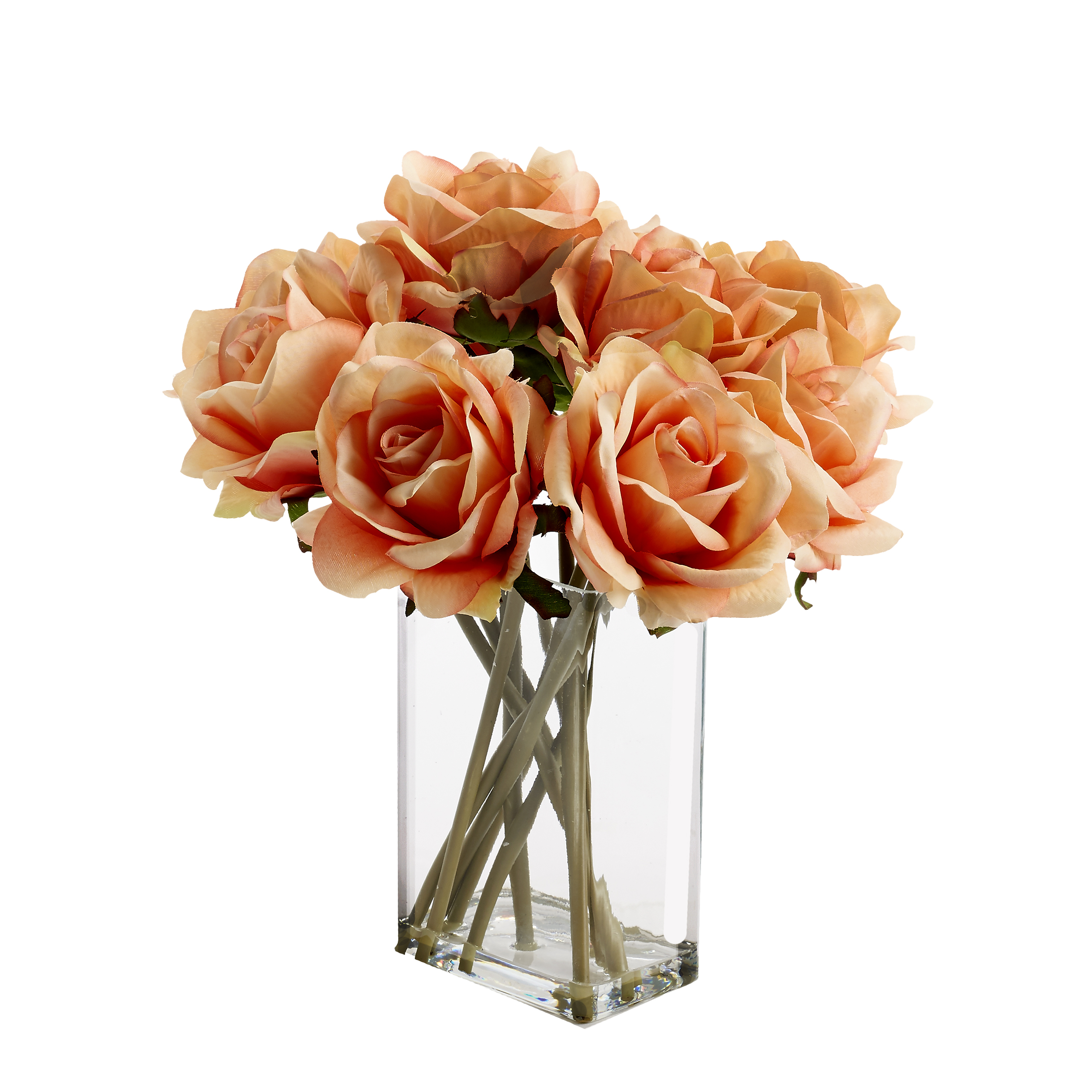 Orange Roses in Square Glass Vase – 231126|D&W Silks